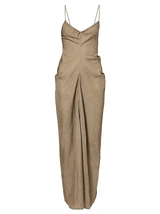 OUDE WAAG Tie-neck Draped Linen-blend Maxi Dress - Khaki
