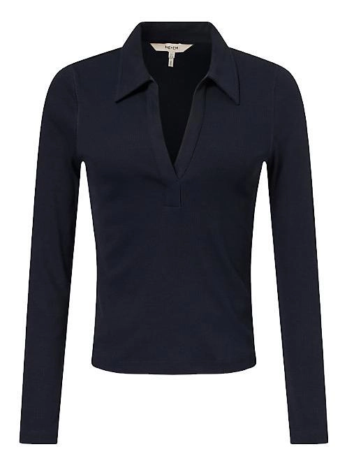 ME+EM Ribbed V-neck Long Sleeve Polo Top - Navy