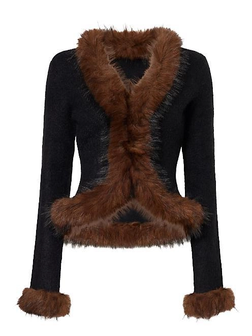 SELF-PORTRAIT Faux Fur Trimmed Woven Cardigan - Black
