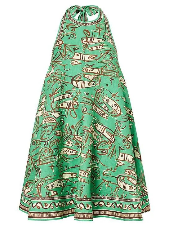 ALEMAIS Fish Sticks Printed Linen Halterneck Mini Dress - Green