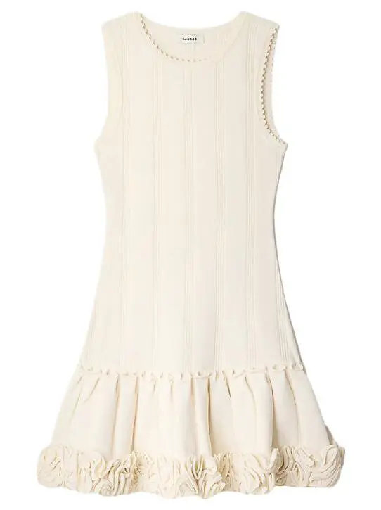 Sandro Floral Embellished Pleated Hem Knitted Mini Dress - Ecru