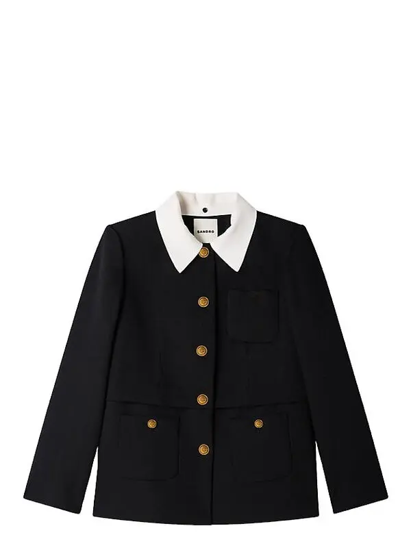 Sandro Contrast Collar Button-down Wool Jacket - Black