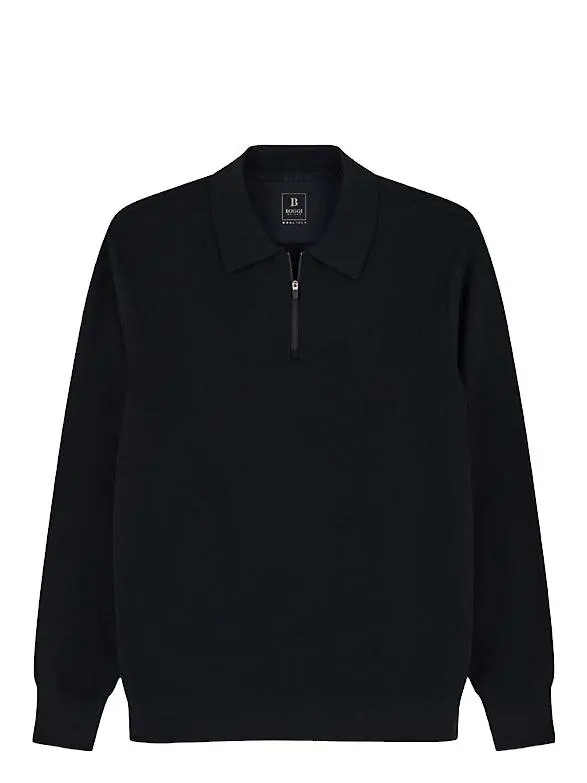 Boggi Milano Zip-neck Long-sleeve Wool-blend Polo - Black