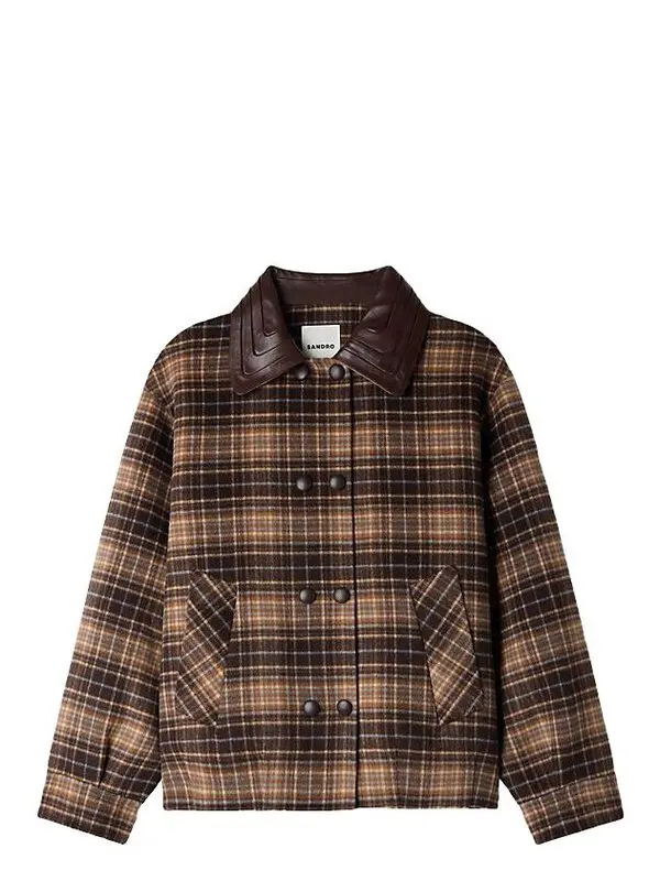 Sandro Checked Wool-blend Coat With Leather Collar - Brown