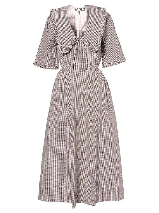 GANNI Checked Cotton Cut-out Midi Dress - Chicory Coffee