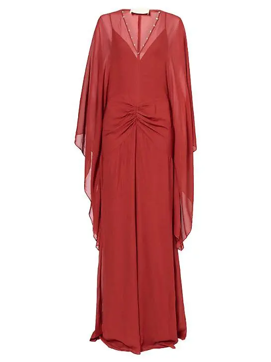 DE LA VALI Fiorela Draped Tulle Maxi Dress - Burnt Red