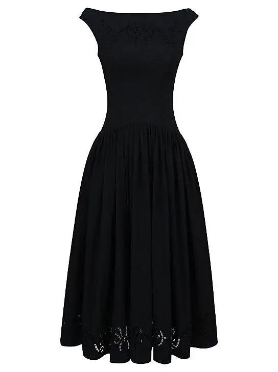 House Of Cb Lauren Boat-neck Broderie Cotton-blend Midi Dress - Black