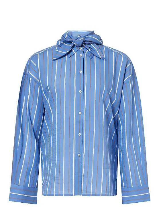 ME+EM Striped Cotton-blend Shirt With Removable Scarf - Blue Multi