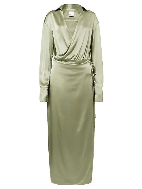 THE DROPPED COLLECTION Long Sleeve Silk Wrap Dress - Sage