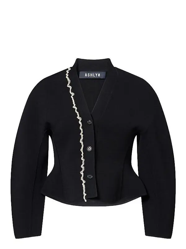 ASHLYN Ruffle Woven Cardigan - Black