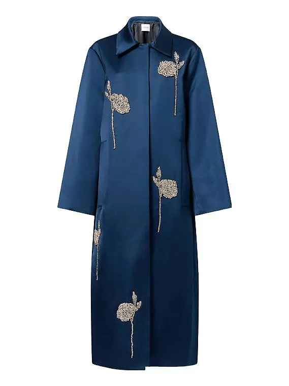 Erdem Crystal-embroidered Satin Coat - Navy