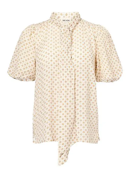 ME+EM Printed Short Sleeve Puff Sleeve Blouse With Neck Tie - Light Cream Multi