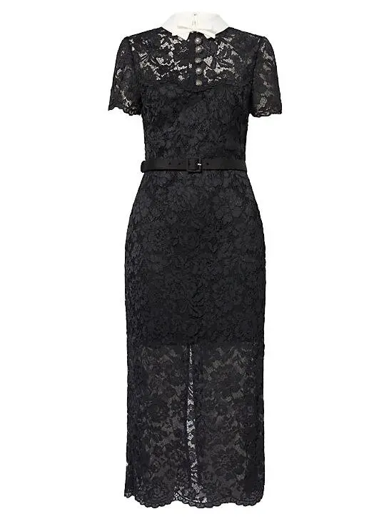SELF-PORTRAIT Lace Midi Dress With Contrast Collar And Belted Waist - Black