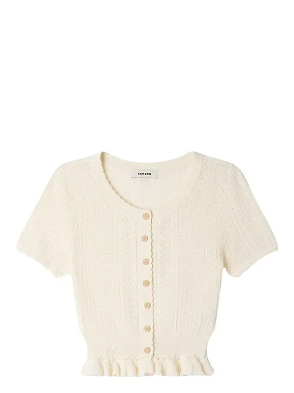 Sandro Pointelle Round-neck Stretch-knit Cardigan - Ecru