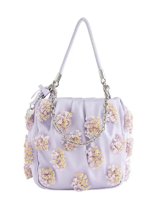 SELF-PORTRAIT Embellished Floral Satin Handbag With Chain Strap - Lilac