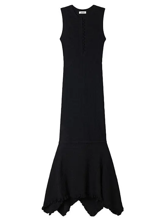 Sandro Asymmetrical Pointelle Knit Maxi Dress - Black