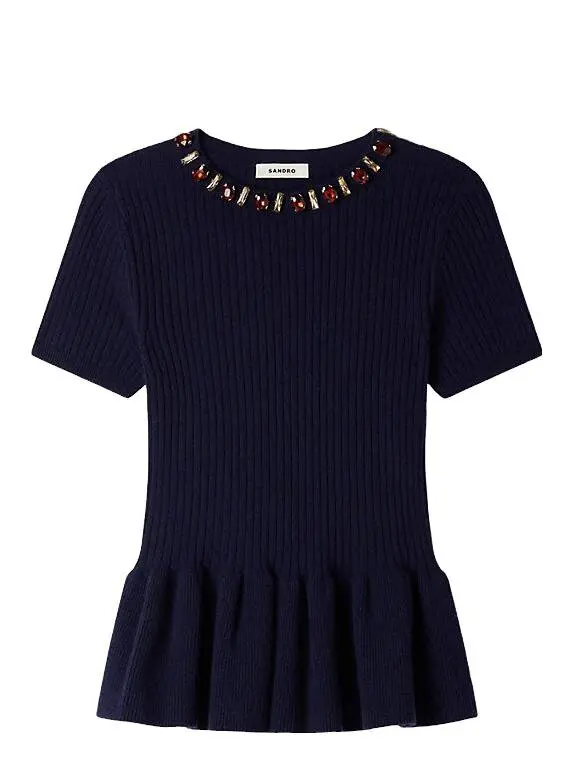 Sandro Embellished-trim Peplum-hem Wool-blend Jumper - Navy Blue