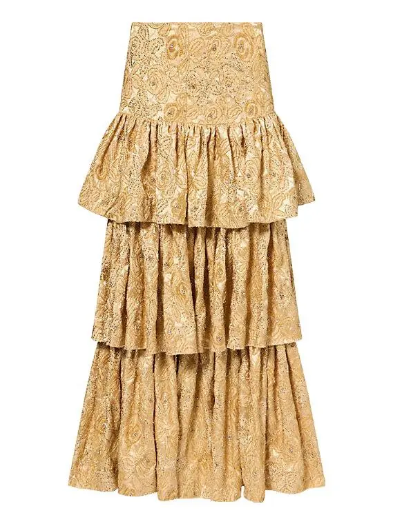 GRACE FAENA Tiered Beaded Silk Midi Skirt - Gold