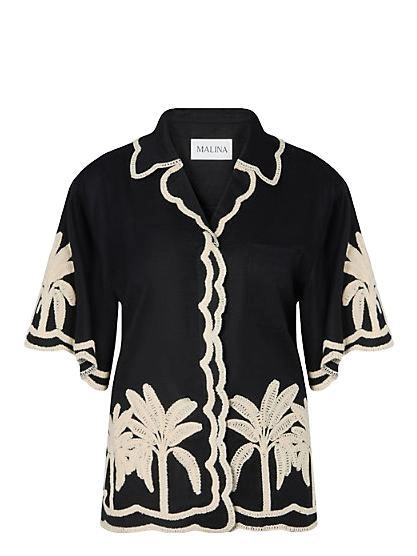 MALINA Armida Palm-embroidered Linen-blend Shirt - Black