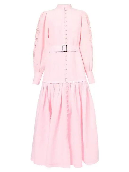 Mona Alshebil Embroidered Sleeve Belted Cotton Maxi Dress - Pink