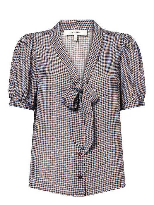 FRAME Houndstooth Silk Blouse With Scarf Tie - Chestnut Multi Plaid