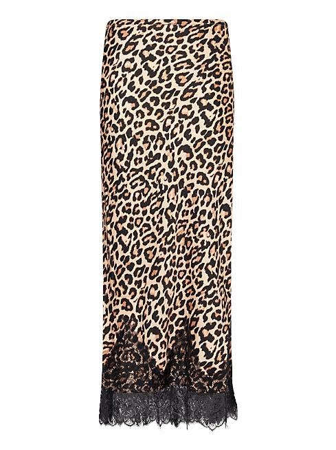 NEVER FULLY DRESSED Leopard Print Lace Trim Midi Skirt - Brown