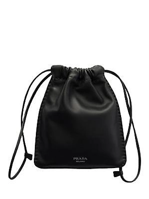 Prada Leather Pouch With Drawstring Closure And Detachable Shoulder Strap - Black