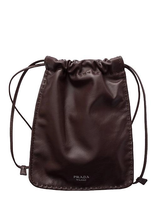 Prada Leather Pouch With Drawstring Closure And Detachable Shoulder Strap - Brown