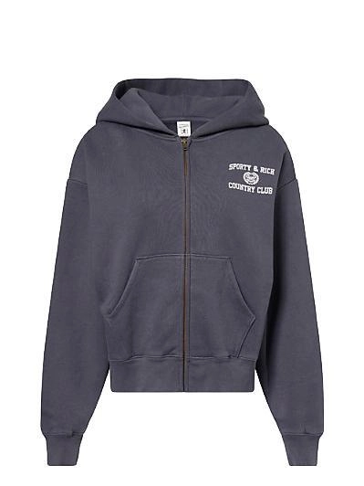 SPORTY & RICH Varsity Crest Zip-up Cotton Fleece Hoody - Carbon