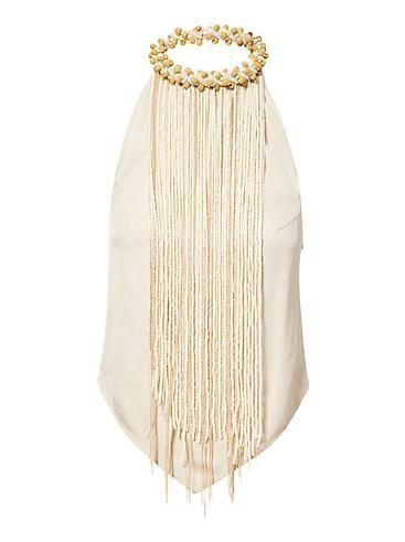 REBIRTH Fringed Bead-embellished Woven High Neck Top - Butter
