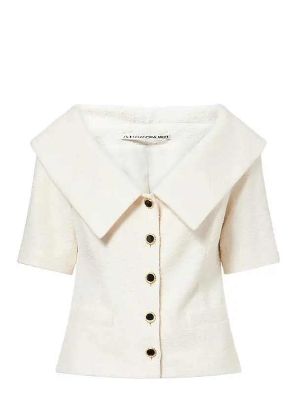 Alessandra Rich Off-shoulder Tweed Bouclé Cotton Jacket - Ivory