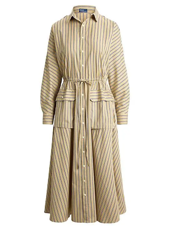 Polo Ralph Lauren Striped Belted-waist Cotton Shirt Midi Dress - Tan