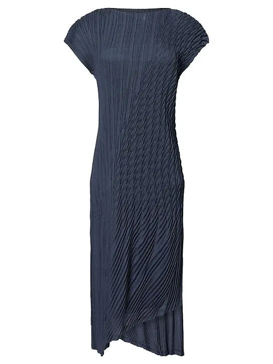 Issey Miyake Pleated Asymmetric Knit Midi Dress - Blue