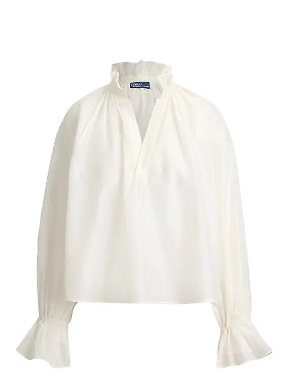 Polo Ralph Lauren V-neck Frilled Cotton And Silk Blouse - White