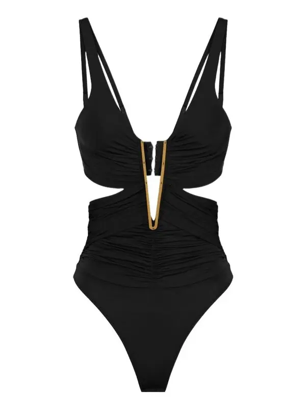 Elisabetta Franchi V-neck Sleeveless Bodysuit With Gold-tone Hardware - Black