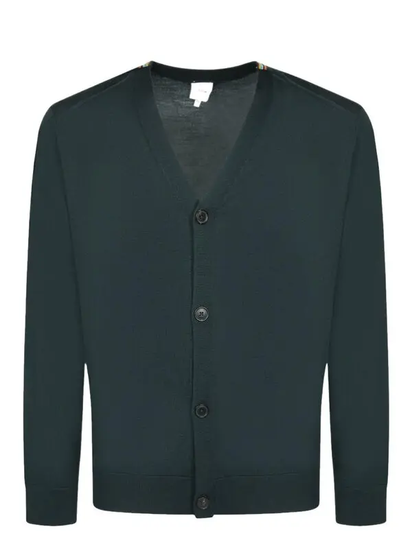 Paul Smith Long Sleeve Cardigan With Striped Neckline Detail - Green