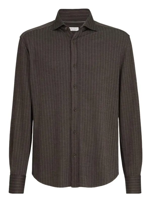Brunello Cucinelli Virgin Wool, Silk And Cotton Chalk Stripe Piqué Shirt With Spead Collar - Brown