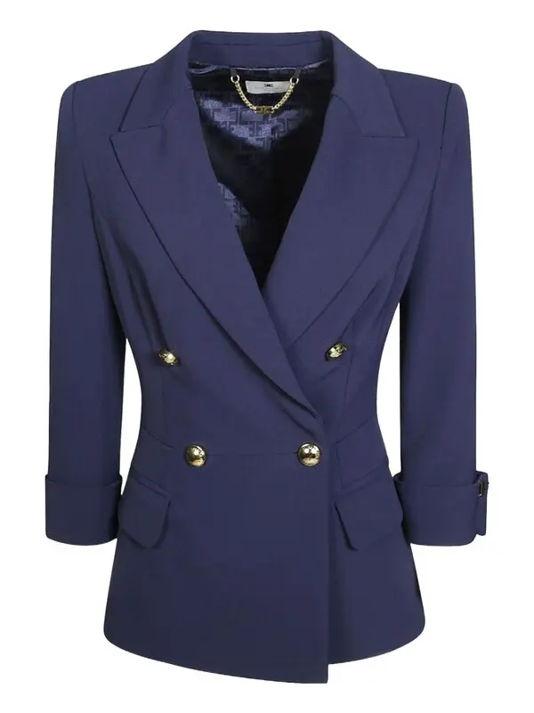 Elisabetta Franchi Double Breasted Tailored Blazer With Notched Lapels And Pleated Hem - Blue
