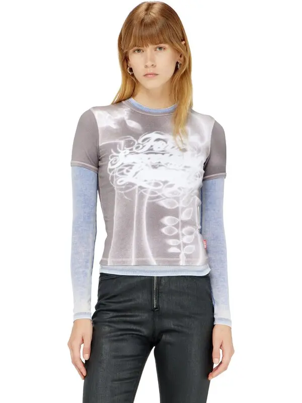 DIESEL® Ribbed Jersey Top With Graphic Print - Grey