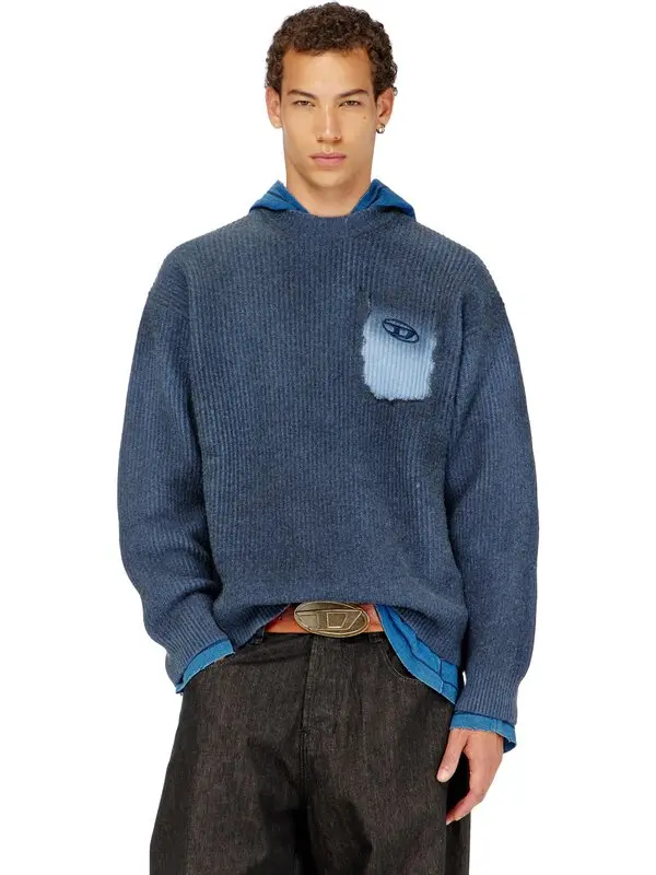 DIESEL® Wool-blend Ribbed Jumper With Mock Pocket - Blue