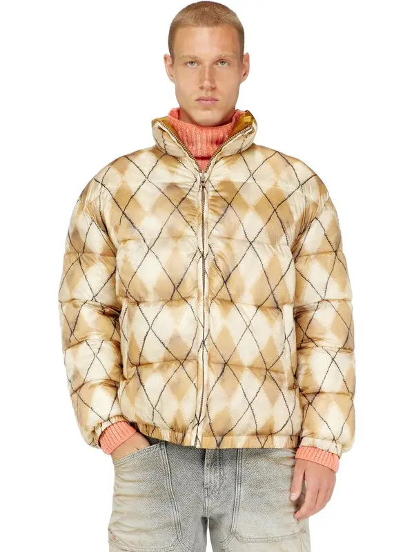 DIESEL® Reversible Puffer Jacket With Argyle Print - Beige