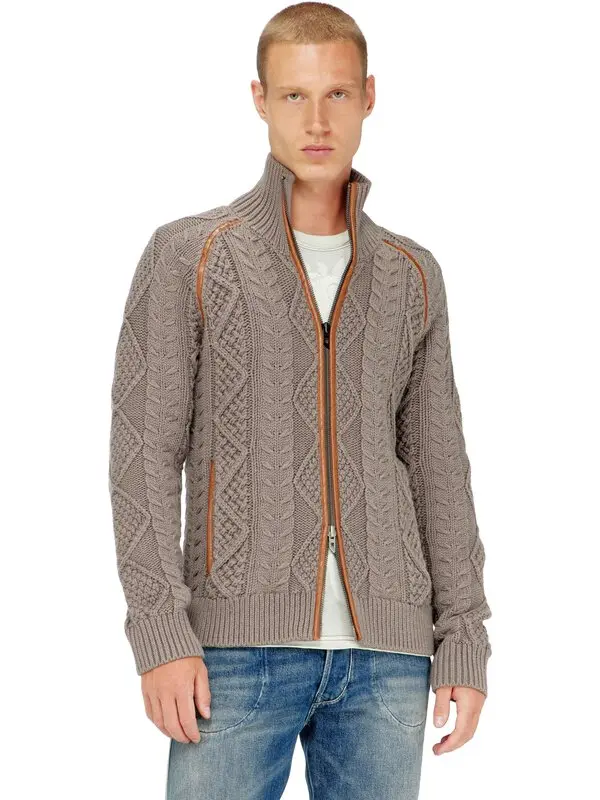 DIESEL® Cable Knit Zip Cardigan With High Neck - Grey