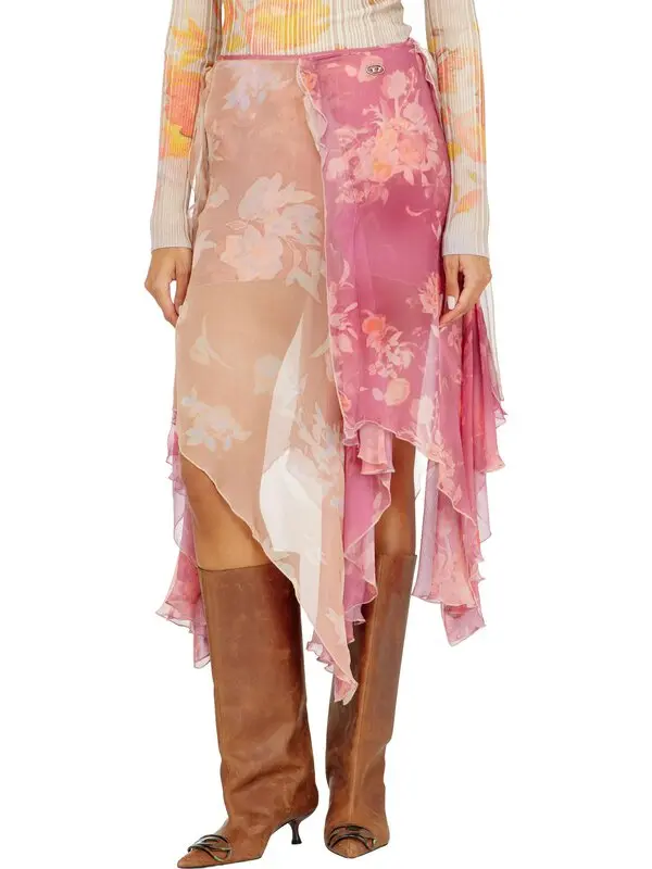 DIESEL® Asymmetric Floral Midi Skirt In Viscose And Silk - Pink