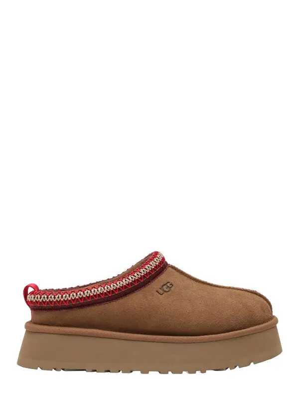UGG Suede Platform Slippers With Embroidered Trim - Beige