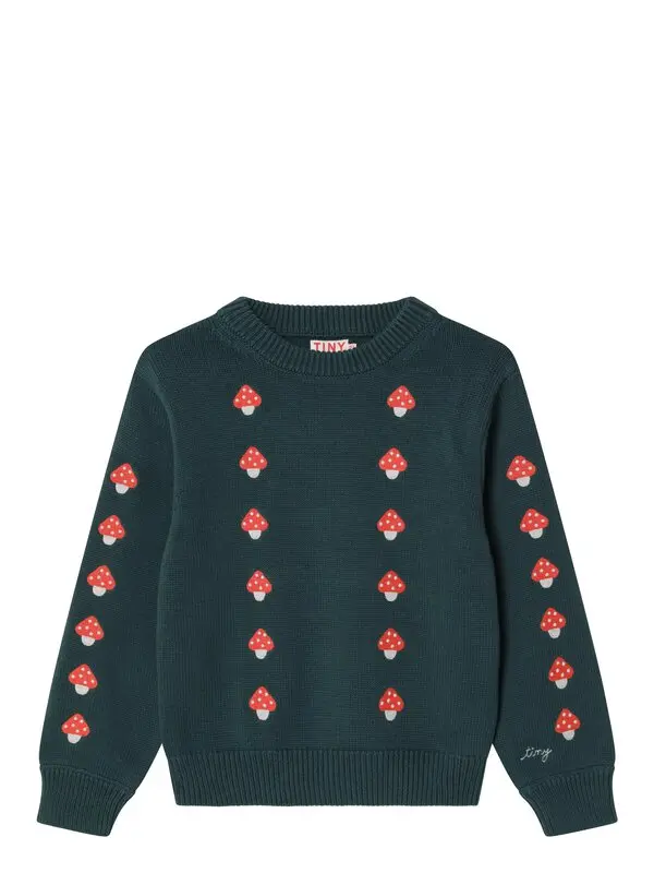 TINY COTTONS Dark Cotton Sweater With Embroidered Mushrooms - Green