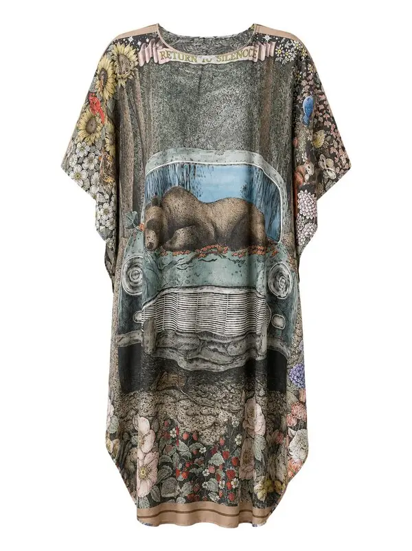 WENZI Double-sided Mulberry Silk Kaftan With Hand-painted Artwork - Purple