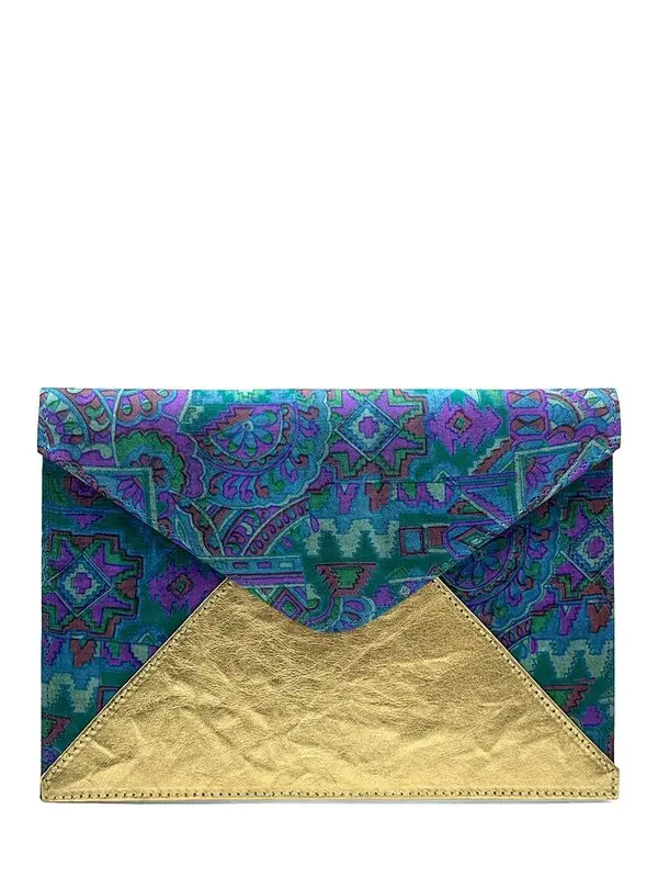 BELLA MEWS Upcycled Silk & Washable Paper Envelope Clutch With Chain - Blue/gold