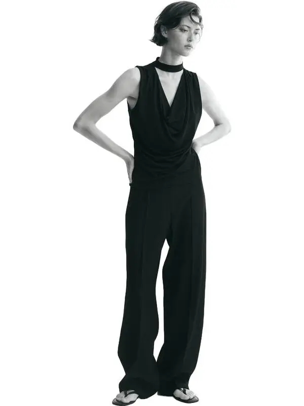 H&M Sleeveless Draped Top With Stand-up Collar - Black