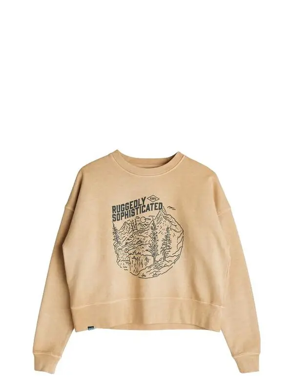 KAVU Crew Crop Top Organic Cotton Fleece Sweatshirt With Graphic - Teak