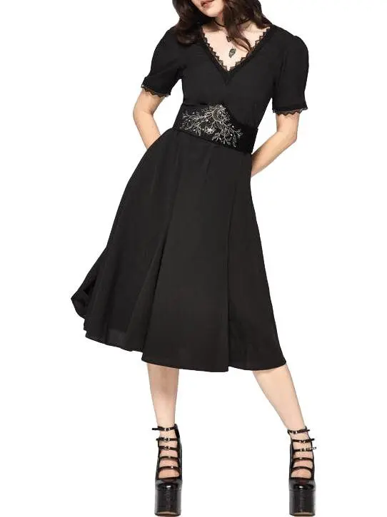DISTURBIA Sancia Lace Trim V-neck Midi Dress - Black